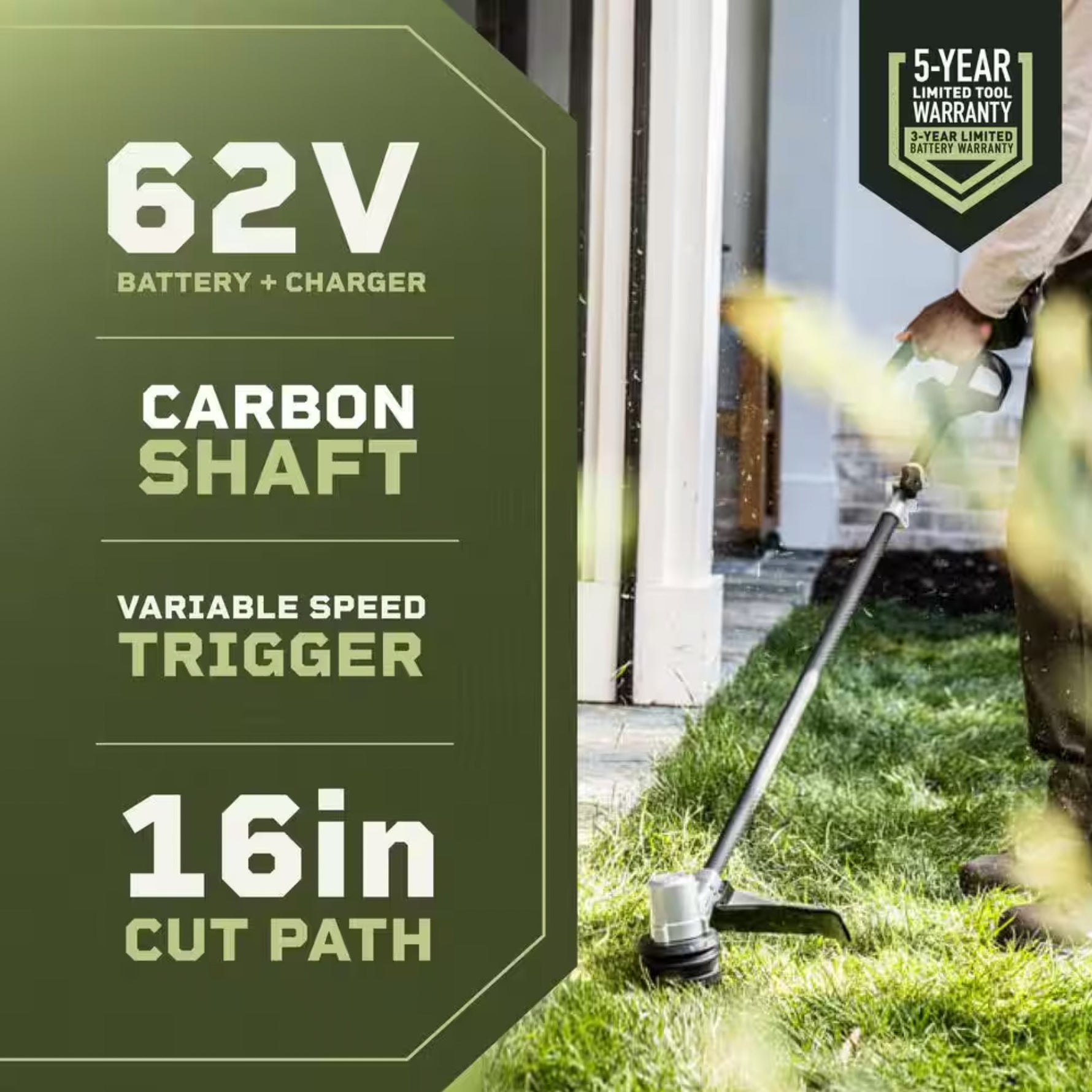 62V Cordless String Trimmer Carbon Fiber Shaft 16" Cut Path with 2.5 A – Green Machine USA