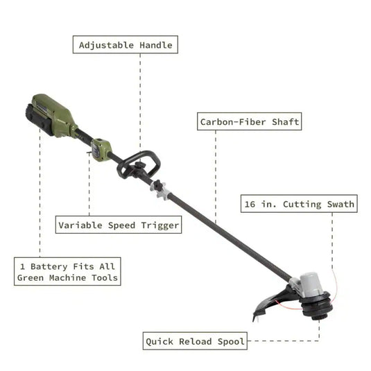 62V Cordless String Trimmer Carbon Fiber Shaft 16" Cut Path with 2.5 A ...